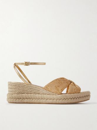 Jimmy Choo London Aella 60 Raffia-jacquard And Leather Wedge Sandals - Gold
