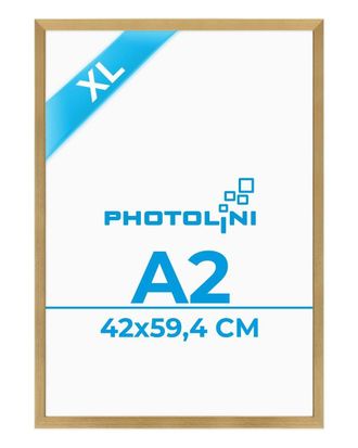 Photolini Bilderrahmen A2 Holz MDF Gold, Picture Frame Rahmen 42x59,4 mit bruchsicherem Acrylglas, DIN A2 Bilderrahmen 42x60 zum Aufh&auml;ngen, mit Zubeh&ouml;r - A 2 Fr