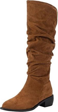 Generic Bottes hautes pour femme avec talon bloc - Bottes hautes en daim - Bottes longues - Bout pointu - Antidérapantes - Bottes déquitation vintage classiqu