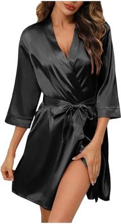 Generic Peignoir en satin pour femme - Robe de chambre courte - Robe kimono - Peignoir en satin avec ceinture - Col en V - V&ecirc;tement de nuit d&eacute;t&eacute; fin - Manches