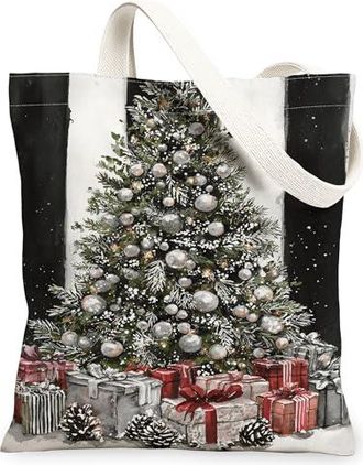 Generic Sacs fourre-tout en toile motif sapin de No&euml;l, sacs d&eacute;picerie r&eacute;utilisables, l&eacute;gers et lavables avec bandouli&egrave;re pour voyage, pique-nique, 33 x 38 cm