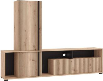 Vente-Unique Vente-Unique - Mur TV 195.5 cm avec 3 portes et 3 niches - Bois MDF m&eacute;lamin&eacute; naturel clair et noir - &Eacute;co-responsable fabriqu&eacute; en Europe