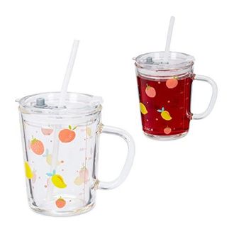 Relaxdays Verre pour Enfant en Lot de 2, Motif de Fruits, avec Anse, Couvercle et Paille, 400 ML gradué, Transparent