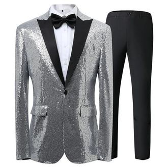 Generic Smoking &agrave; paillettes pour homme 3 pi&egrave;ces Coupe ajust&eacute;e Un bouton Robe Costume Veste Blazer Brillant Ensemble avec noeud papillon, argent&eacute;, 4XL