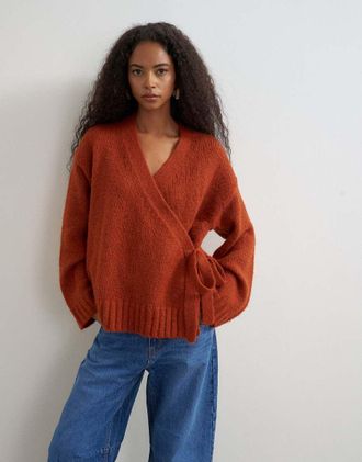 Topshop gilet cache-coeur en maille coupe carr&eacute;e &agrave; la laine, couleur cinnamon-Marron