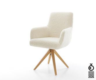DELIFE Drehstuhl Heira-Flex mit Armlehnen Teddystoff Beige Holzgestell kantig Natur 360&deg; drehbar Taschenfederkern, Esszimmerst&uuml;hle