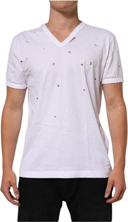 Dolce & Gabbana Homme, Tops, Blanc, Taille: M Distressed Cotton V Neck T-Shirt