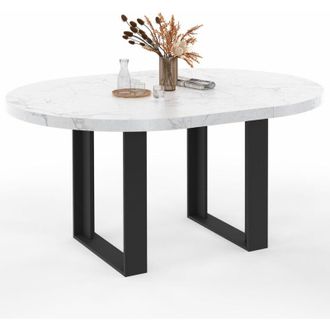 IDMarket Ausziehbarer runder Esstisch PHOENIX 4-6 Personen Tischplatte Marmoreffekt wei&szlig; ALASKA 110-150 cm