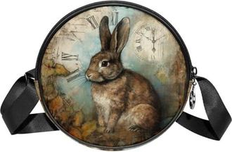 Generic Sac &agrave; bandouli&egrave;re rond pour femme, motif lapin vintage, sac &agrave; dos &agrave; bandouli&egrave;re avec fermeture &eacute;clair, bretelles r&eacute;glables, sac &agrave; main rond d&eacute;contract