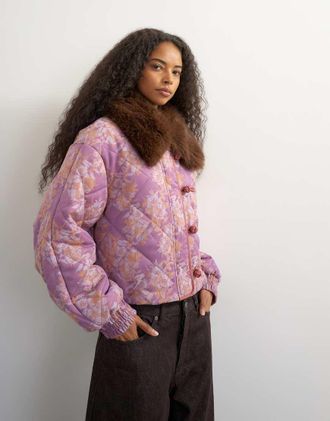 Topshop Jacke mit Print und Faux-Fellkragen in Pink-Rosa