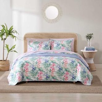 Tommy Bahama Queen-Bettwäsche-Set, wendbare Baumwoll-Bettwäsche mit passenden Kissenbezügen, Bunte botanische Heimdekoration (Island Orchid Pink, Queen)