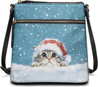Coloranimal Sac &agrave; bandouli&egrave;re pour femme en cuir avec fermeture &eacute;clair sur le th&egrave;me de No&euml;l, Chat de No&euml;l mignon