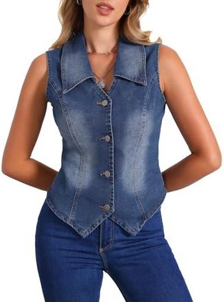 Allegra K Gilet en Jean femme Blouson sans Manches en Denim D&eacute;lav&eacute; Veste Bouonn&eacute; &agrave; Col en V Bleu XL