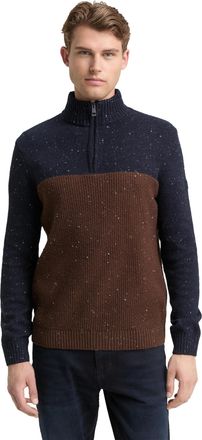 Tom Tailor Herren 1048713 Troyer Strickpullover mit Strukturmix, 39361-Navy Brown Color Block, XL