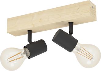Eglo Deckenlampe Townshend 3, 2 flammiger Vintage Deckenspot im Industrial Design, Retro Lampe aus Stahl und Holz, schwarz, braun, E27 Fassung, FSC zertifi