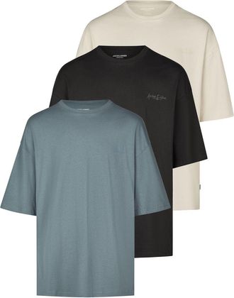 Jack & Jones Tshirt Herren Oversize Fit JJECHARGE 3er Set Pack Rundhals Kurzarm Sommer Tee Shirt Print, Gr&ouml;&szlig;e:XL, Farbe:Pack 2 (Moonbeam/Black/Stormey Weat)