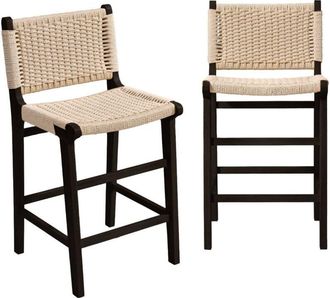 Sweeek Lot de 2 tabourets de bar en bois dh&eacute;v&eacute;a et assise en cordes Noir / Beige