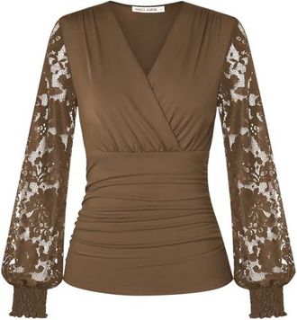 Grace Karin Femme &Eacute;l&eacute;gant Haut Dentelle Col V Crois&eacute; Sexy Blouse Portefeuille Pliss&eacute; Ajust&eacute; Festif