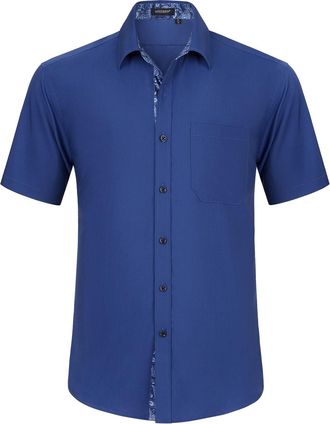 Hisdern Hemd Herren Kurzarm Königsblau Freizeithemd Für Herren Businesshemd Regular Fit Bügelfreies Herrenhemd mit Brusttasche,3XL