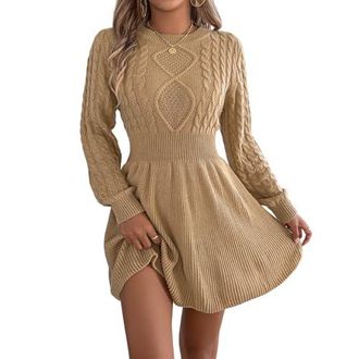 Generic Robe dautomne unie courte en tricot &agrave; taille cintr&eacute;e pour femme, taille cintr&eacute;e, manches longues, col rond, robes en tricot torsad&eacute;, kaki, XL