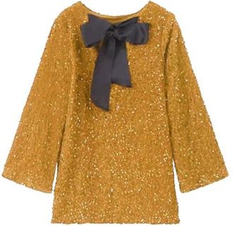 Generic Robe midi &agrave; manches longues pour femme avec noeud &agrave; paillettes Blanc, dor&eacute;, 3XL