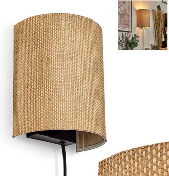 HOFSTEIN Wandleuchte Viadores, Wandlampe aus Metall/Bast in Schwarz/Natur, Leuchte im Boho-Design, Wandleuchte mit Stecker und Schalter, abnehmbares Kabel, UP 