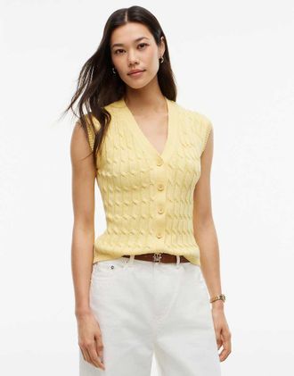 Tommy Hilfiger Schmal geschnittene Strickjacke in Gelb mit Zopfmuster und Kapp&auml;rmeln