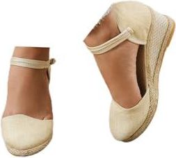 Generic Espadrilles compens&eacute;es pour femme en maille respirante &agrave; bout ferm&eacute; Chaussures dos nu Chaussures plates tendance avec sangle de cheville, C beige., 39