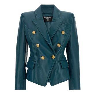 Balmain Femme, Vestes, Bleu, Taille: 36 FR Veste en cuir &agrave; 6 boutons