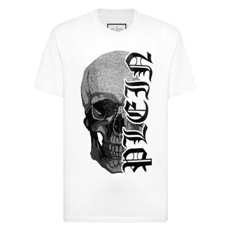 Philipp Plein Homme, Tops, Blanc, Taille: M Round Neck T-Shirt Gothic Plein Stones