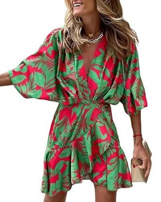 Generic Robe de plage d&eacute;contract&eacute;e &agrave; volants et col en V &agrave; imprim&eacute; floral pour femme, mini robe d&eacute;contract&eacute;e &agrave; volants et col en V, Vert, 3XL