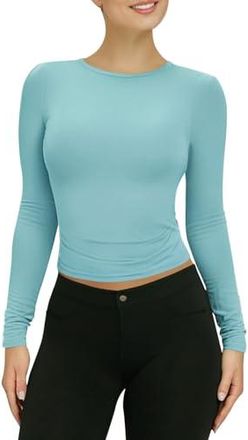 Generic Hauts en coton pour femme - Haut &agrave; manches longues en coton - D&eacute;contract&eacute; - Couleur unie - Col rond - Coupe ajust&eacute;e - Pull extensible et l&eacute;ger, bleu c