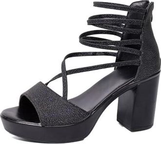 Generic Sandales &agrave; talons hauts pour femme avec sangle de cheville et fermeture &eacute;clair confortables &agrave; bout ouvert, Noir, 38.5 EU