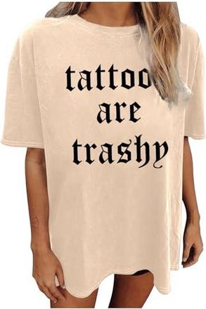 Generic T-shirts &laquo; Tattoo are Trashy &raquo; pour femmes 2025 graphique gym tendance d&eacute;contract&eacute; haut mignon col rond t-shirt ample lettre anniversaire t-shirts sur