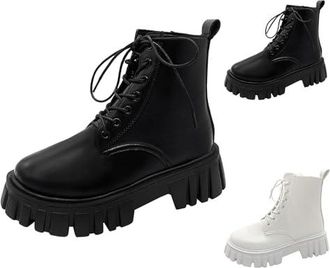 Generic Bottines &agrave; lacets pour femme avec fermeture &eacute;clair lat&eacute;rale - Bottines de combat courtes confortables &agrave; talon bas et bout rond - Semelle antid&eacute;rapante