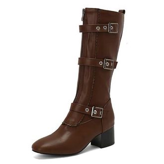 Generic Bottes d&eacute;quitation confortables avec fermeture &eacute;clair sur le devant et sangles &agrave; boucle pour femme - Bout carr&eacute; - Talon bloc bas, marron, 40.5 EU