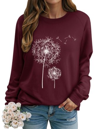 Dresswel Damen L&ouml;wenzahn Sweatshirt Langarmshirt Pusteblume Drucken Pullover Herbst Winter Bluse Tops Oberteile(Weinrot, 2XL)