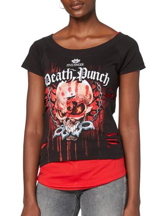 Spiral Damen 5fdp-Assassin-Licensed Band 2in1 Ripped Top T-Shirt, Schwarz (Black & Red 005), 34 (Herstellergr&ouml;&szlig;e: Small)