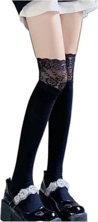 Generic Bas de cuisse en dentelle de couleur unie, style cor&eacute;en, Noir, Taille Unique