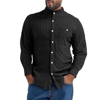 Generic Chemise d&eacute;t&eacute; en coton et lin pour homme - Chemise tendance en lin ray&eacute; - Col montant - Coupe ample - Respirant - D&eacute;contract&eacute; - Chemise &agrave; manches longu