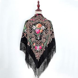 Generic Poncho Femme Hiver Chaud Chale Femme Hiver Chaud Cape Femme Pour la ville Carr&eacute; 130X130 Cm Imprim&eacute; Ethnique Pompons Extra Large Automne-Printemps