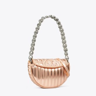Tory Burch Damen Mini Fleming Soft Metallic Quilt Crescent Bag