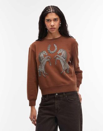 AllSaints Luck Pippa - Verziertes Strick-Sweatshirt in Rotbraun-Brown