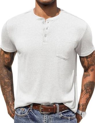 Coofandy Henley T-Shirt Uni à Manches Courtes pour Homme Casual Basic Tee avec Bouton Blanc S