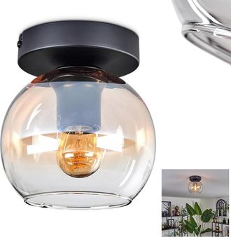 HOFSTEIN Deckenleuchte Koyoto, Deckenlampe aus Metall/Glas in Schwarz/Bernsteinfarben/Klar, Leuchte im modernen Retro/Vintage-Design mit Schirm aus Glas (Ø 15 