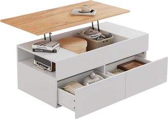 Liberte Table basse relevable 100x50x40 cm, avec tiroirs, espace de rangement semi-ouvert,Blanc
