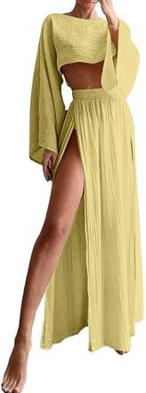 Generic Peignoir Grande Taille Vetement Sexy Femme Été Ensemble De Plage 2 Pièces En Lin Pour Femme Haut à Épaules Dénudées Jupe Longue Tendance Vacances Pyja