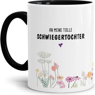 Tassendruck Tasse mit Spruch Blumen - an Schwiegertochter von Schwiegermutter- Leben/Liebe/Geschenk/Familie/ - Innen & Henkel Schwarz