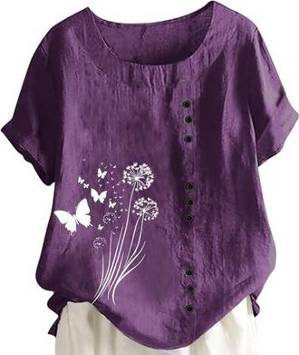 Generic Chemise Femme Coton et Lin T-Shirts &agrave; Manches Courtes Confortable Tee Shirt Femme Top Haut D&eacute;contract&eacute; Tunique Blouse Haut Chic et Elegant V&ecirc;tements I