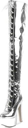 Generic Argent,45 EU,Bottes au-Dessus du Genou pour Femmes, Bout Rond, Plateforme, Talon épais, Cuissardes à Lacets, Bottes Longues en Cuir PU, Robe de soirée